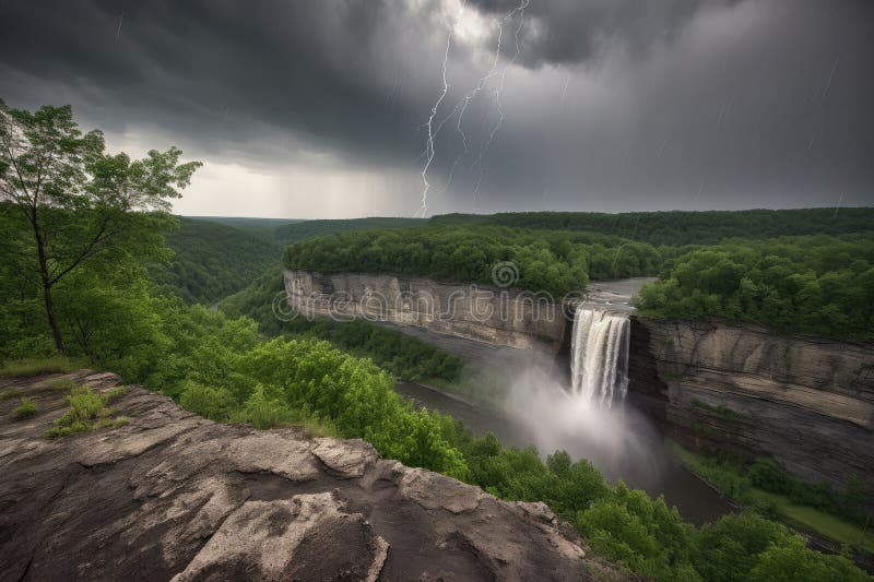 Dramatic Waterfall Scene with Stormy Skies and Lightning Strikes Stock ...