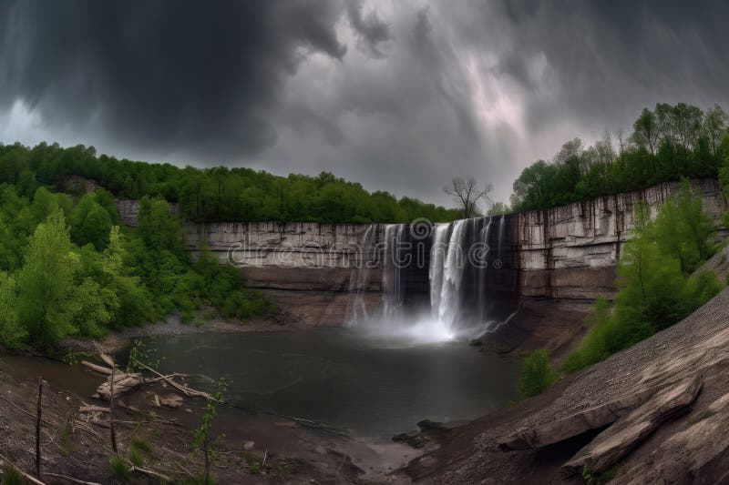 Dramatic Waterfall Scene with Stormy Skies and Lightning Strikes Stock ...