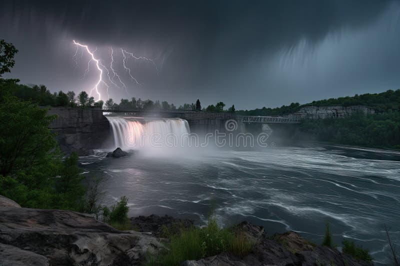 Dramatic Waterfall Scene with Stormy Sky, Flashes of Lightning and ...