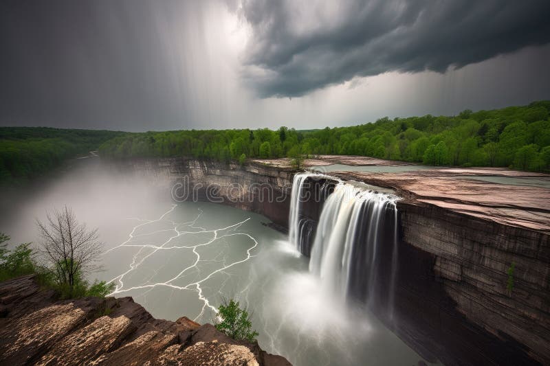 Dramatic Waterfall Scene with Stormy Sky, Flashes of Lightning and ...