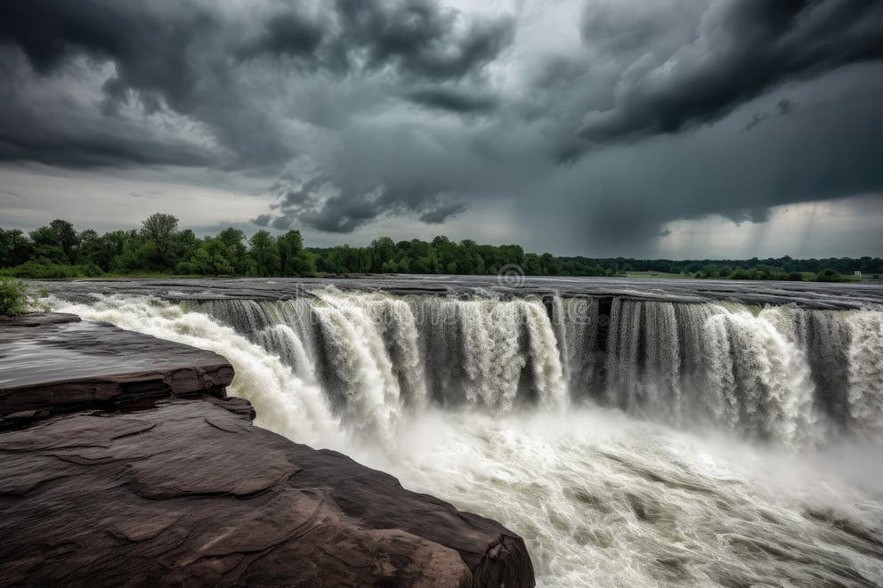 Dramatic Waterfall Scene with Stormy Sky, Thunderstorm in the Distance ...