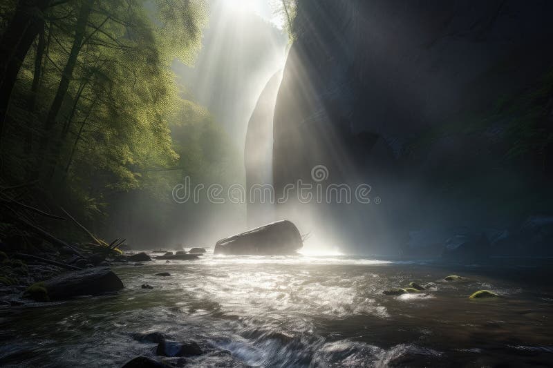 Dramatic Waterfall Scene with Sunlight Shining through the Water ...