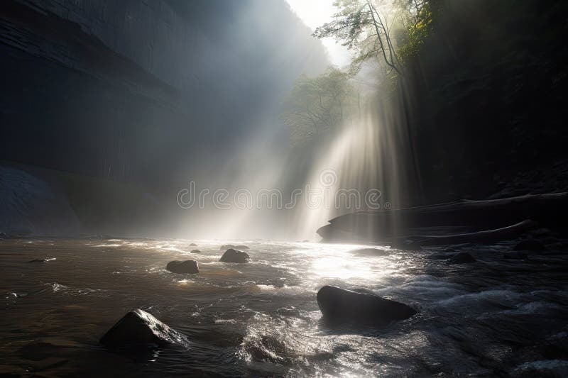 Dramatic Waterfall Scene with Sunlight Shining through the Water ...