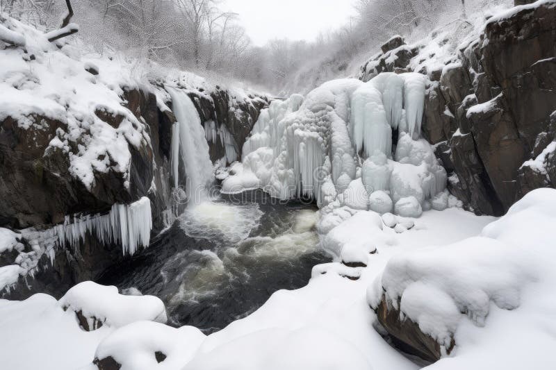 Dramatic Waterfall Scene in Winter, with Snow and Ice on the Rocks ...