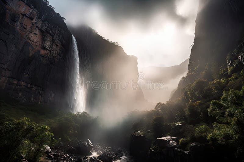 Dramatic Waterfall Scenes with Misty Clouds and Sunlight Shining ...