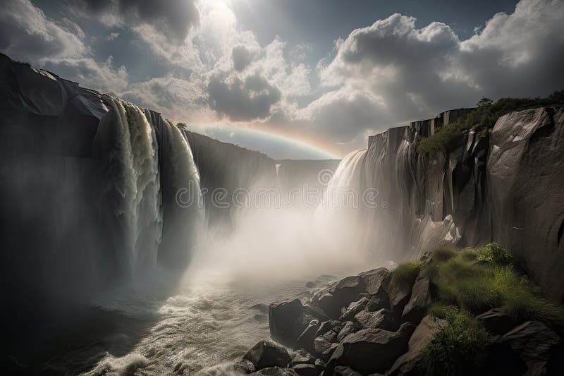 Dramatic Waterfall Scenes with Misty Clouds and Sunlight Shining ...