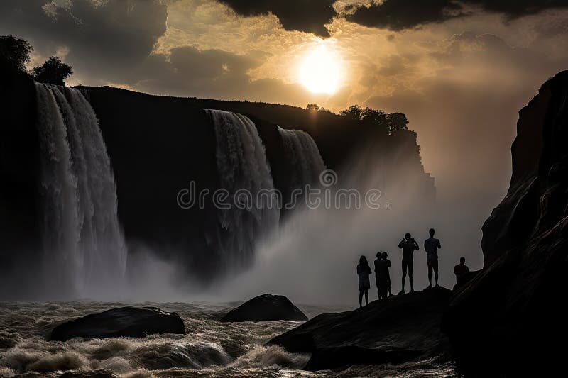 Dramatic Waterfall, with Silhouettes of People Enjoying the Majestic ...