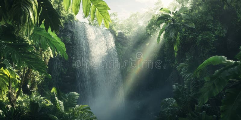 A Dramatic Waterfall Surrounded by Lush Tropical Greenery, with Mist ...