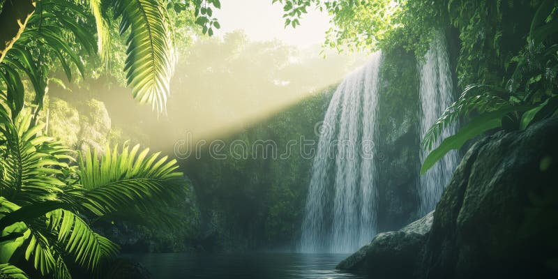 A Dramatic Waterfall Surrounded by Lush Tropical Greenery, with Mist ...