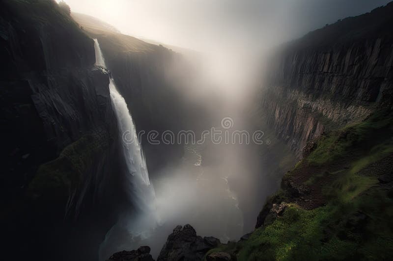 Dramatic Waterfall Surrounded by Mist and Clouds, with Dramatic ...