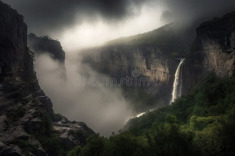 Dramatic Waterfall with Misty Spray, Surrounded by Lush Greenery Stock ...