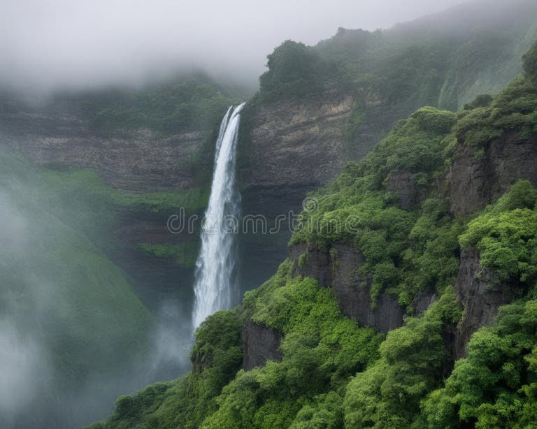 Dramatic Waterfall in Tropical Mist Stock Illustration - Illustration ...