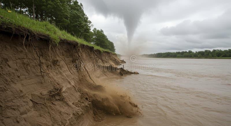 Dramatic Waterspout Over River with Eroding Bank on Overcast Day Stock ...
