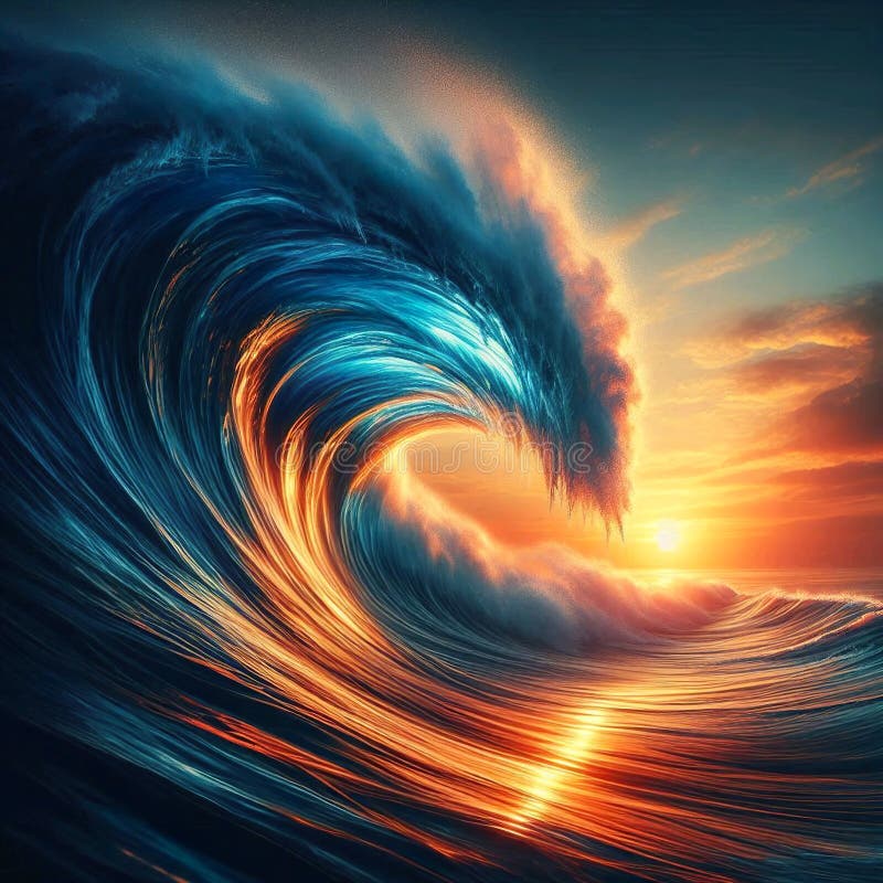 A Dramatic Wave Capturing the Essence of a Colorful Sunset. Stock ...