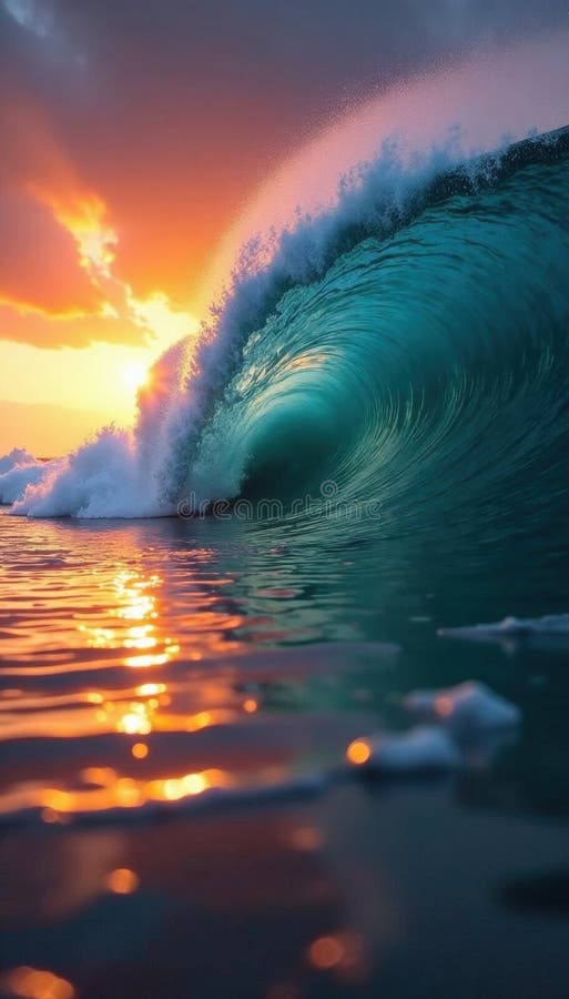 Dramatic Wave Crests Collapse on Beach at Dawn, Backlit by Rising Sun ...