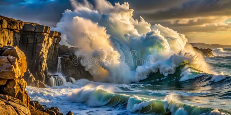 Dramatic Wave Explosion Against a Rocky Sea Cliff Stock Illustration ...