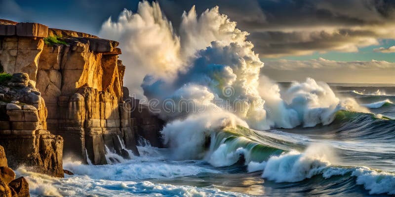 Dramatic Wave Explosion Against a Rocky Sea Cliff Stock Illustration ...