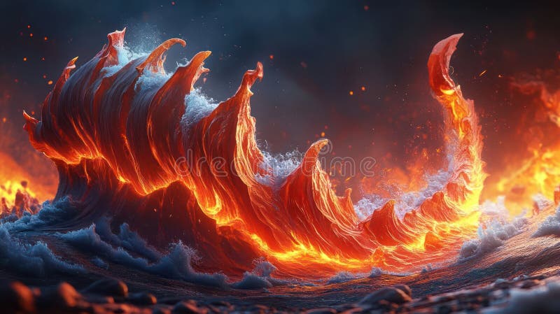 A Dramatic Wave of Molten Lava Crashing, Merging Fire and Water in a ...