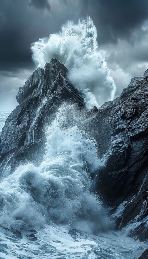Dramatic Waves Collide with Jagged Rocks Amidst a Tempestuous Coastal ...