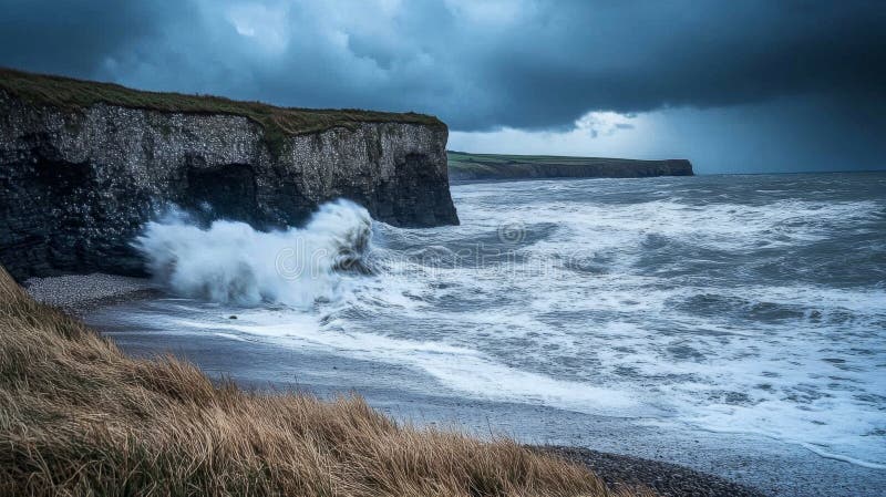 Dramatic Waves Crashing Against a Coastal Cliff Under a Stormy Sky ...
