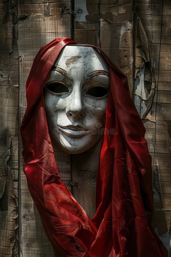 Dramatic White Mask with Red Silk Casting Deep Shadows on a Vintage ...