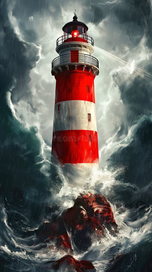 Dramatic White Red Lighthouse Amidst Powerful Ocean Waves and Dark Sky ...