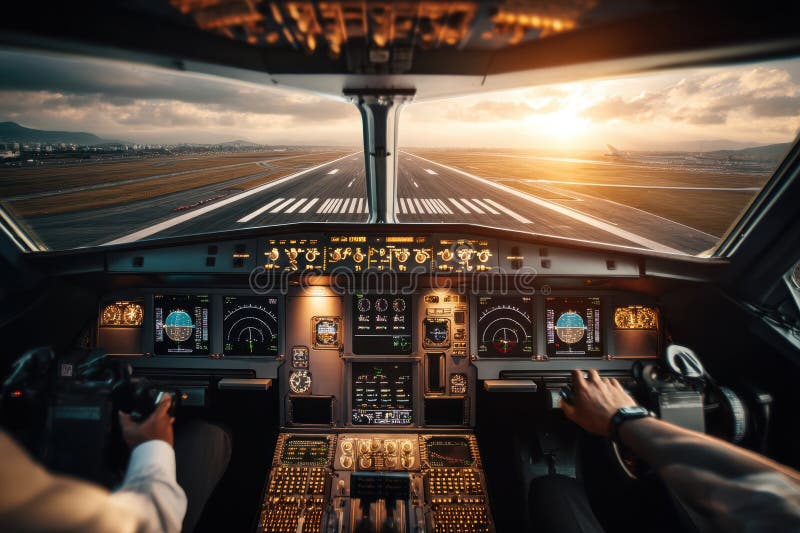 Dramatic Wide Angle Shot of Modern Aircraft Cockpit during Takeoff at ...