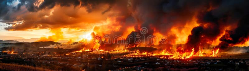 Dramatic Wildfire Approaching Rural Town Stock Illustration ...
