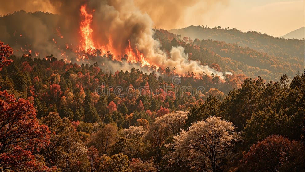 Dramatic Wildfire Consuming Japanese Maple and Cherry Trees in Serene ...