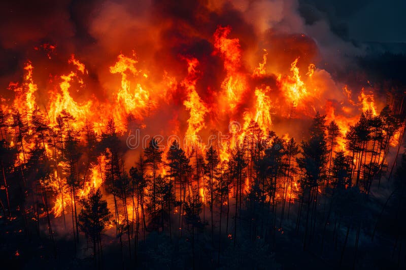 Dramatic Wildfire in Dense Forest Under Dark Sky - Environmental Impact ...