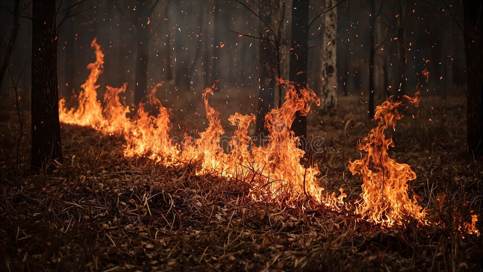 Dramatic Wildfire in Forest with Glowing Trees and Falling Ash Stock ...