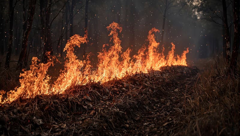 Dramatic Wildfire in Forest with Glowing Trees and Falling Ash Stock ...