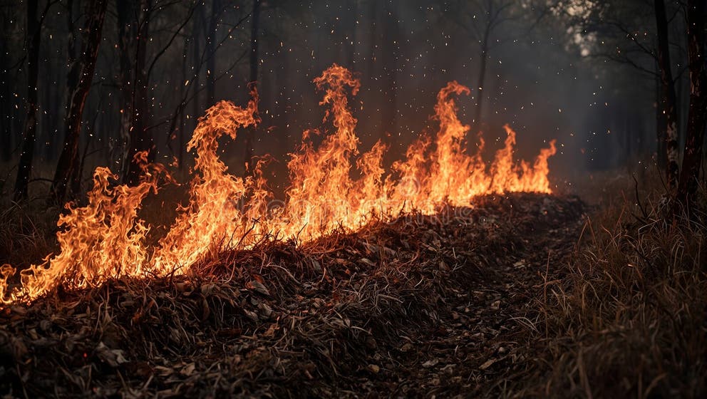 Dramatic Wildfire in Forest with Glowing Trees and Falling Ash Stock ...