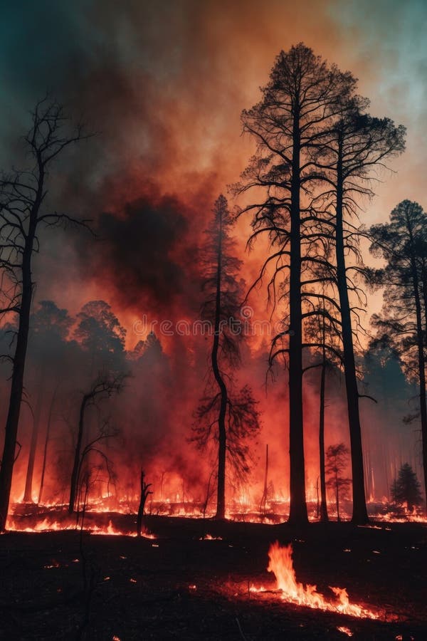 Dramatic Wildfire in Forest during Sunset. Stock Image - Image of ...