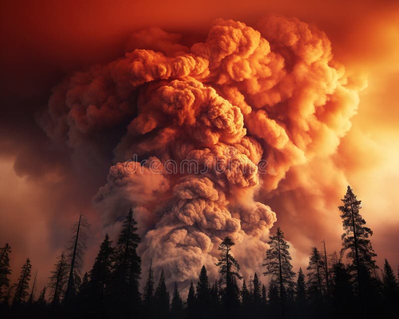 Dramatic Wildfire Huge Clouds of Heavy Smoke in Fiery Red Sky Over ...