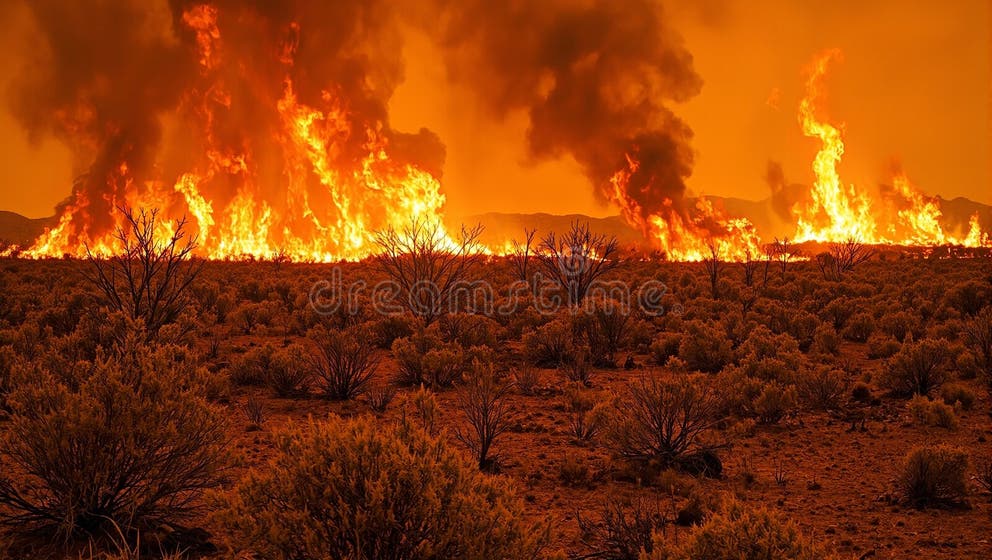 Dramatic Wildfire in Nevada Desert with Sagebrush and Orange Sky Stock ...