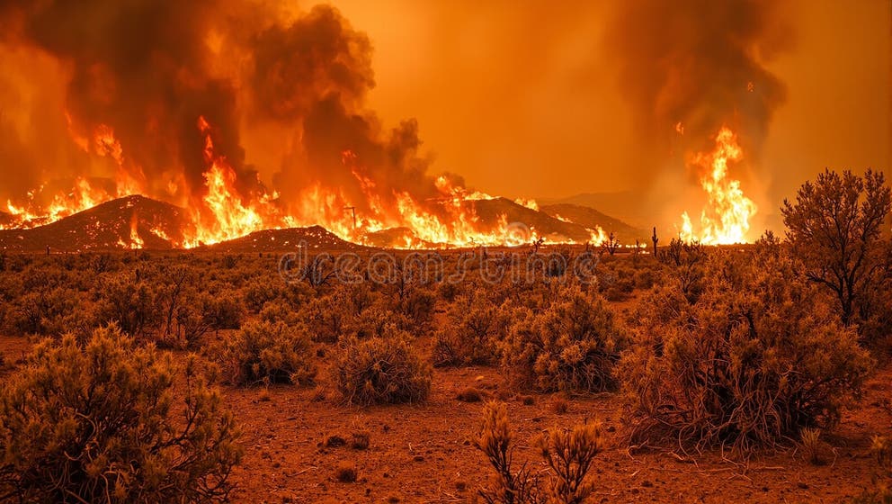 Dramatic Wildfire in Nevada Desert with Sagebrush and Orange Sky Stock ...