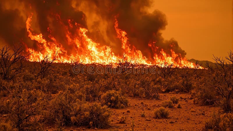 Dramatic Wildfire in Nevada Desert with Sagebrush and Orange Sky Stock ...