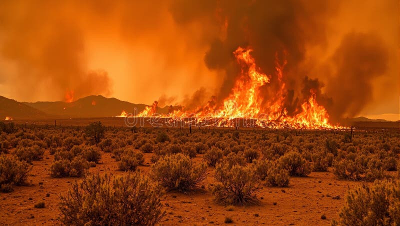 Dramatic Wildfire in Nevada Desert with Sagebrush and Orange Sky Stock ...