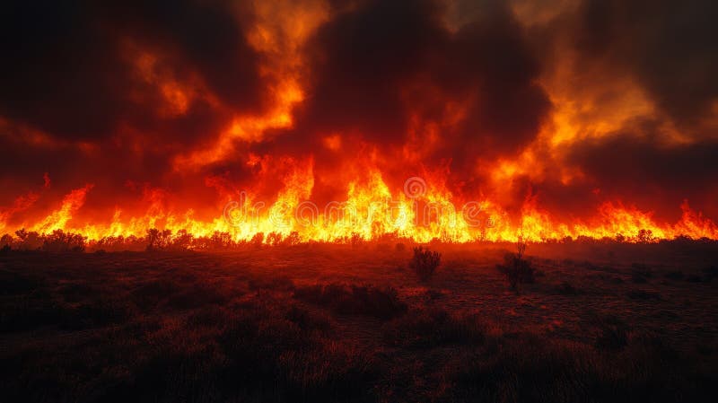 Dramatic Wildfire Scene with Intense Flames and Dark Clouds Stock ...
