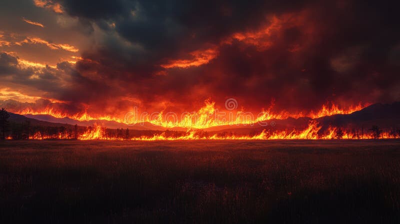 Dramatic Wildfire Scene with Sunset and Dark Clouds Stock Illustration ...