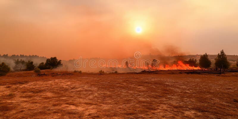 Dramatic Wildfire Spreading Across Dry Landscape Under Orange Sky and ...