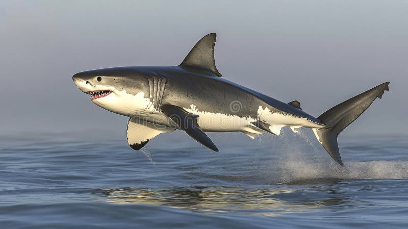 A Dramatic Wildlife Scene Featuring a Great White Shark Leaping Out of ...