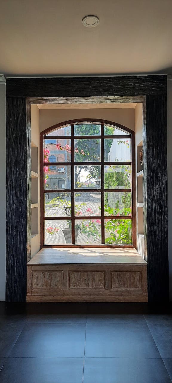 Dramatic Windows Wood Home Interior View Stock Image - Image of glass ...