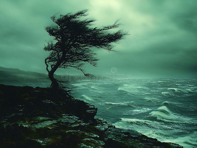 Dramatic Windswept Tree Clinging To a Cliff Edge, Battered by a Stormy ...