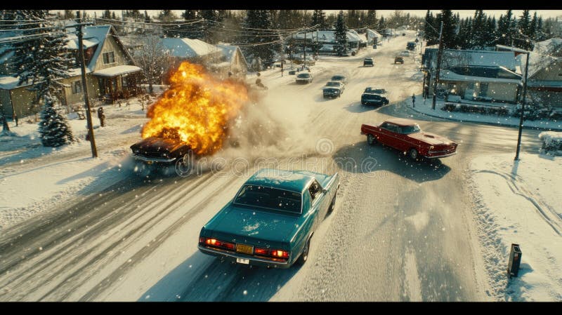 Dramatic Winter Car Chase with Fiery Explosion in Snowy Suburban ...