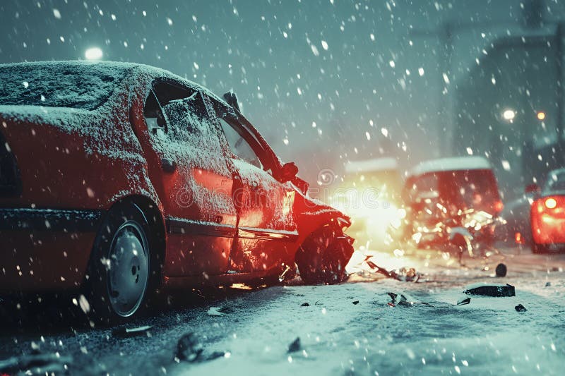 Snowy Collision Scene stock photo. Image of damaged - 346334764
