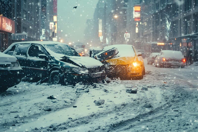 Snowy Collision Scene stock image. Image of driving - 346334775