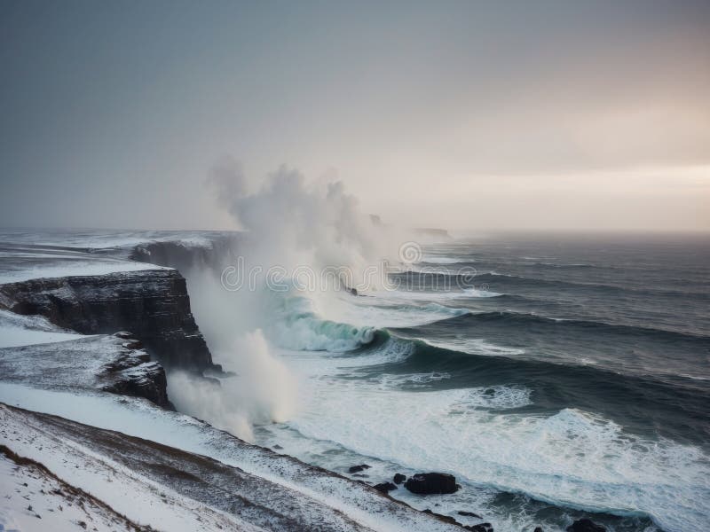 Dramatic Winter Coastal Scene with Snowy Cliff and Moody Ocean. Stock ...