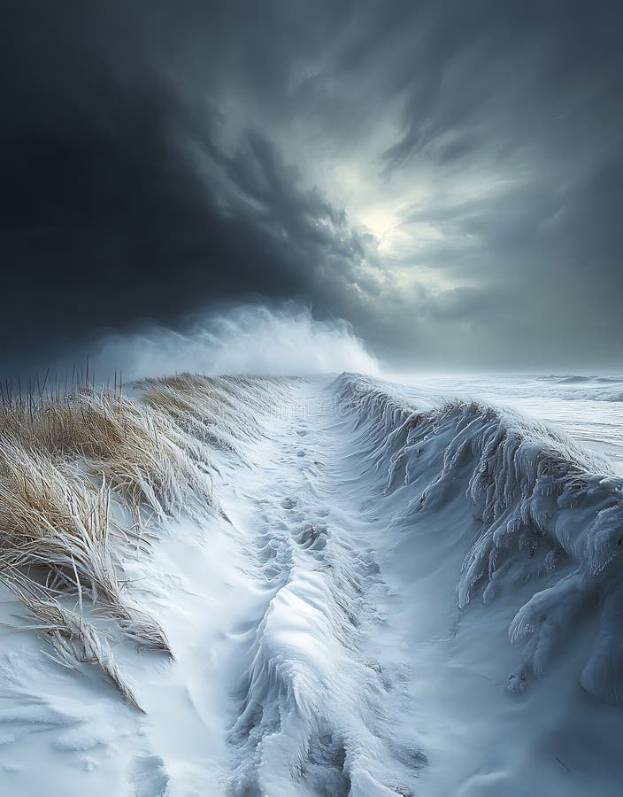 Dramatic Winter Landscape Featuring Snow Covered Path, Wind Swept Dunes ...